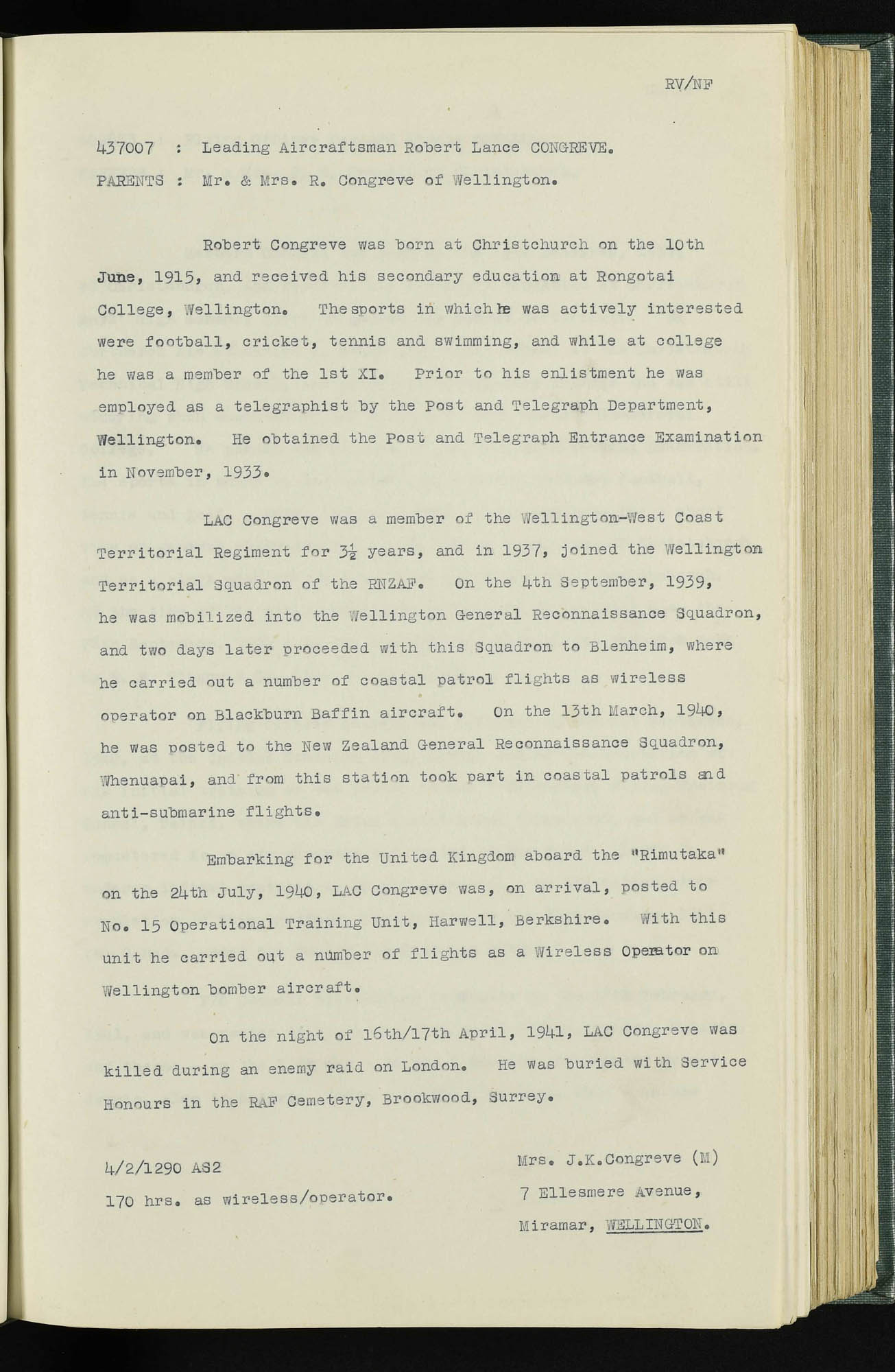 Robert Lance Congreve - Online Cenotaph - Auckland War Memorial Museum