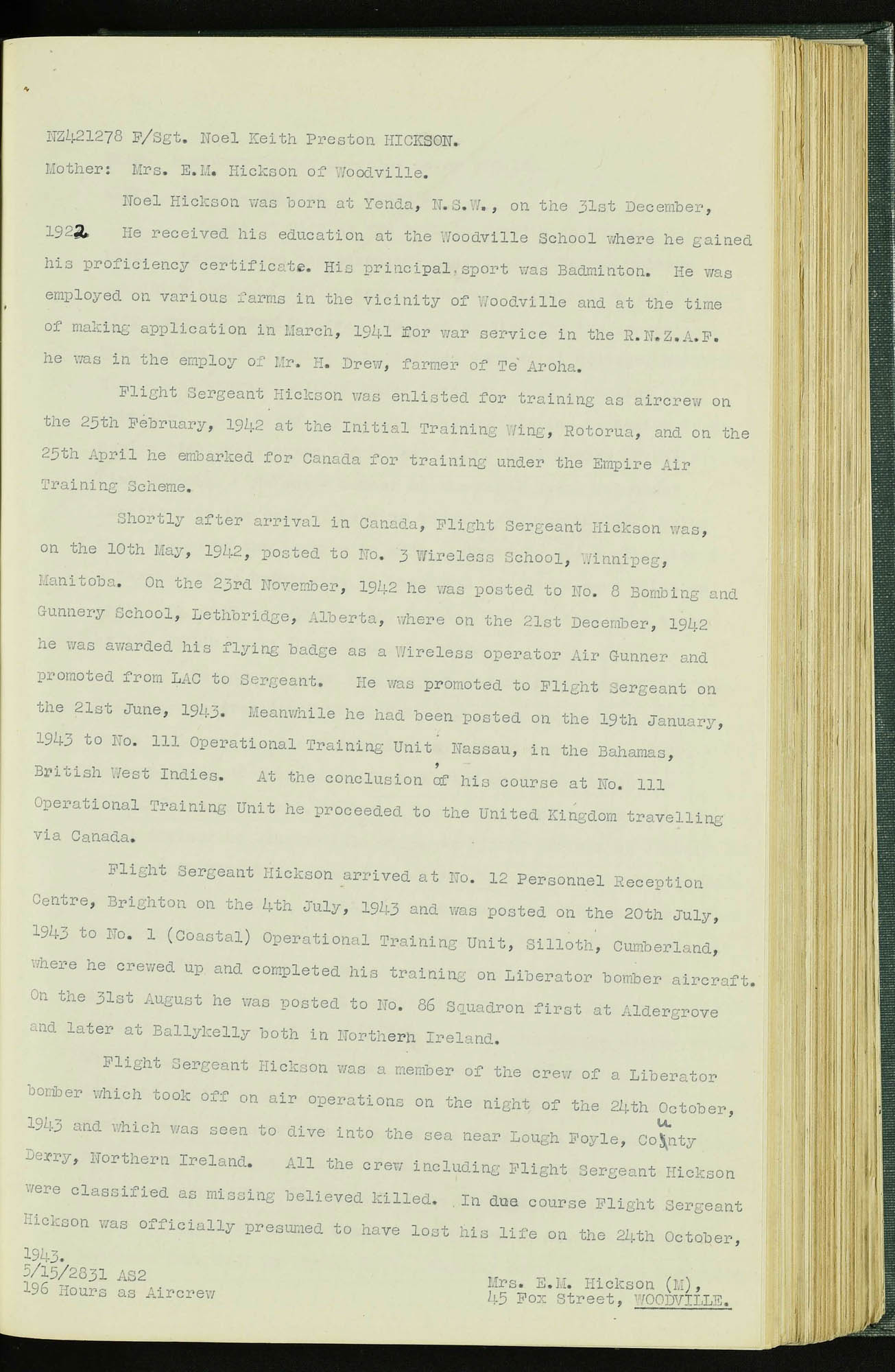 Noel Keith Preston Hickson - Online Cenotaph - Auckland War Memorial Museum