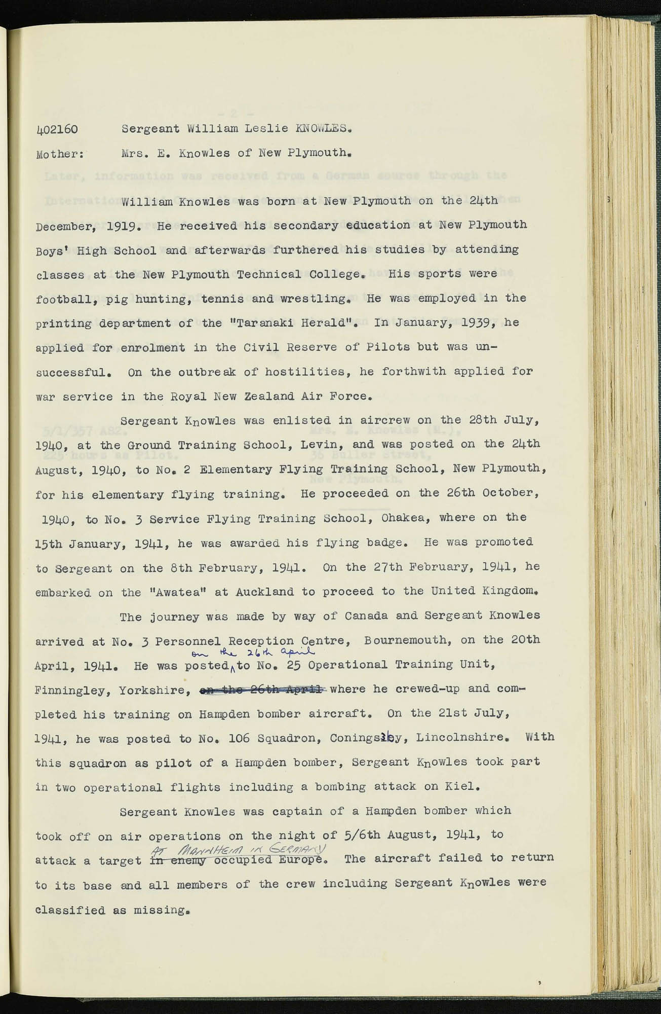 William Leslie Knowles - Online Cenotaph - Auckland War Memorial Museum