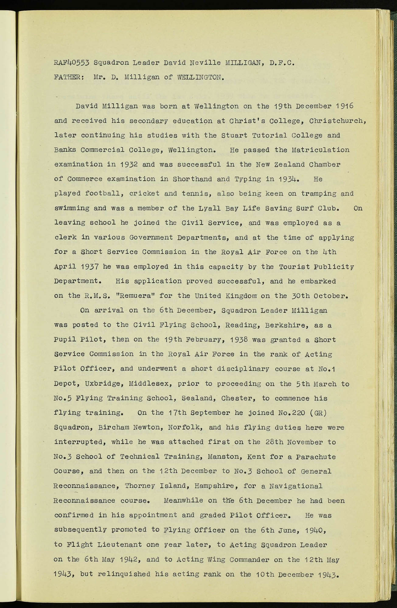 David Neville Milligan - Online Cenotaph - Auckland War Memorial Museum