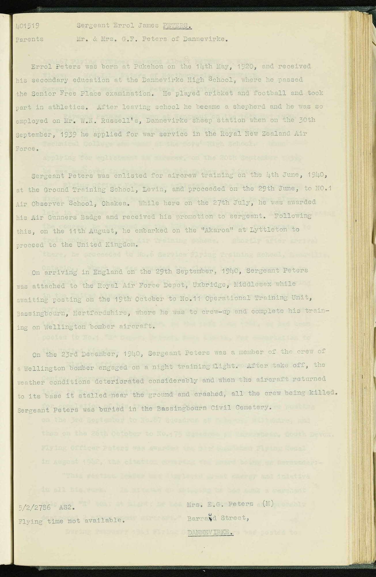 Errol James Peters - Online Cenotaph - Auckland War Memorial Museum